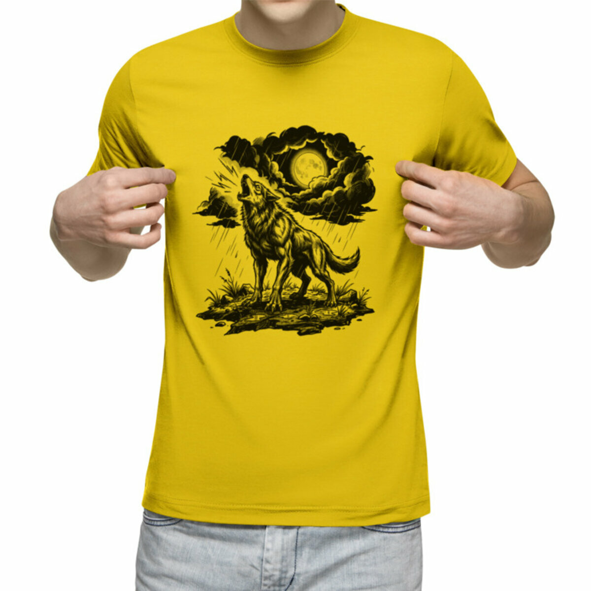 Мужская футболка «Волк под луной» (желтый, 2XL)