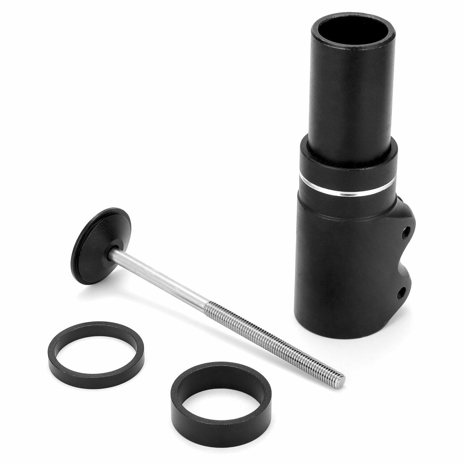 Продлевающий адаптер для ствола велосипеда из алюминиевого сплава 6061, черный цвет, диаметр 28.6 мм, длина 115 мм, вес 173 г, комплект: 1 адаптер, 2 прокладки 10 мм, 1 резьбовой стержень, 1 крышка