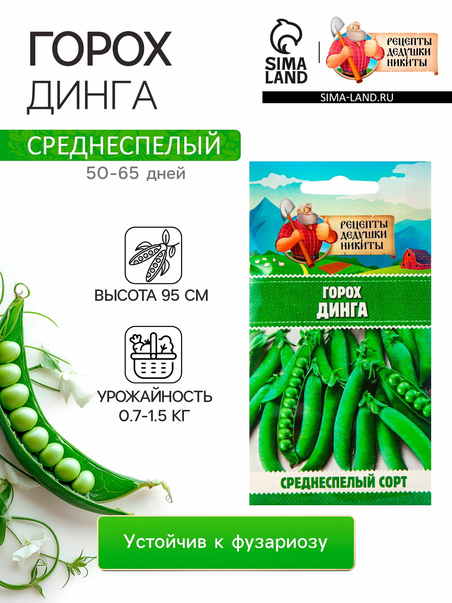 Семена Горох "Динга", 4 г, посев (посадка) в грунт: апрель, высота растений: 60-100 см, 3 шт.