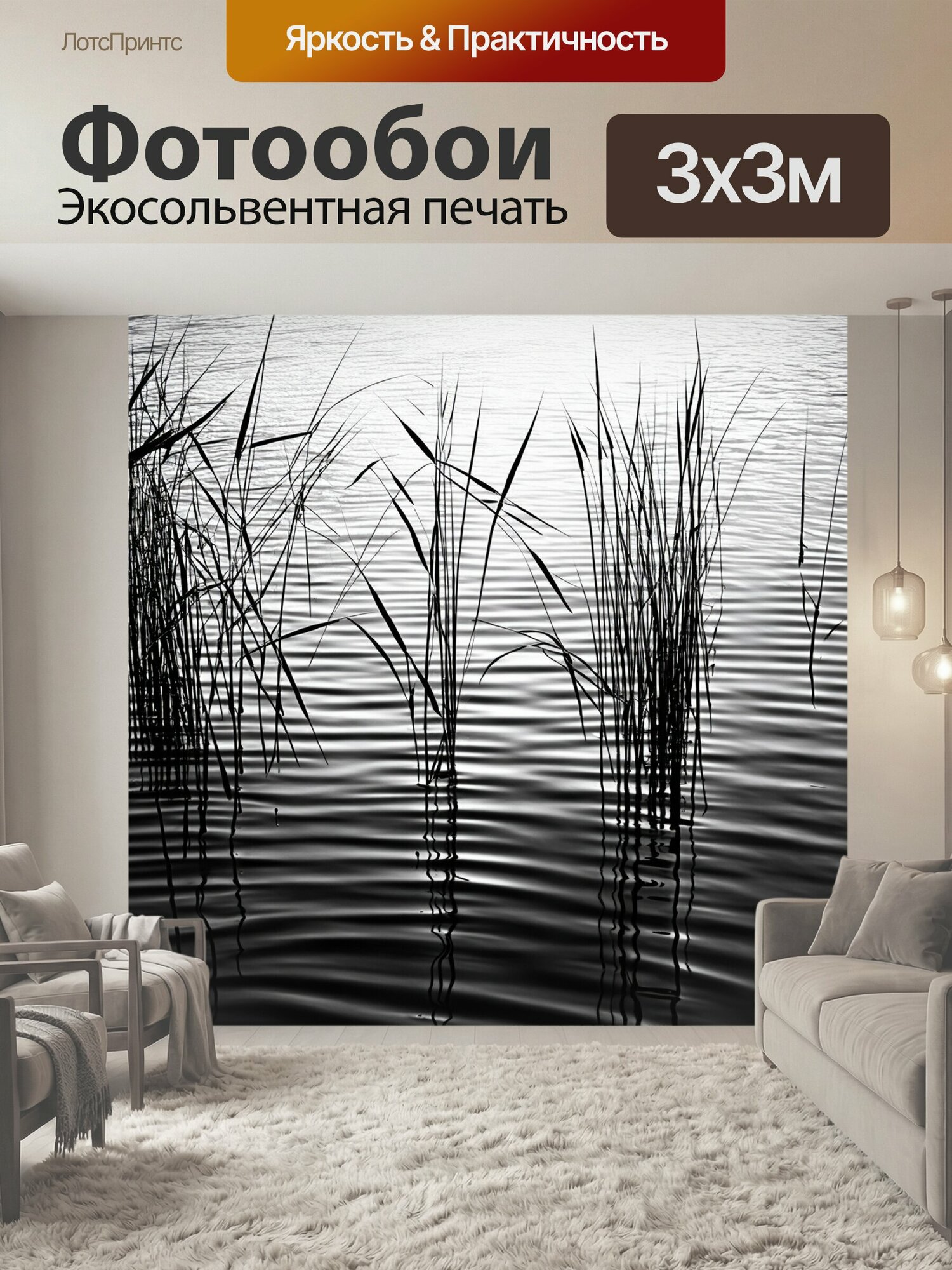 Фотообои "Черно-белый: тонкие листья тростника на фоне горизонтальной поверхности воды, создавая ощущение света и прозрачности. тщательно." 300x300 см. экосольвентная печать