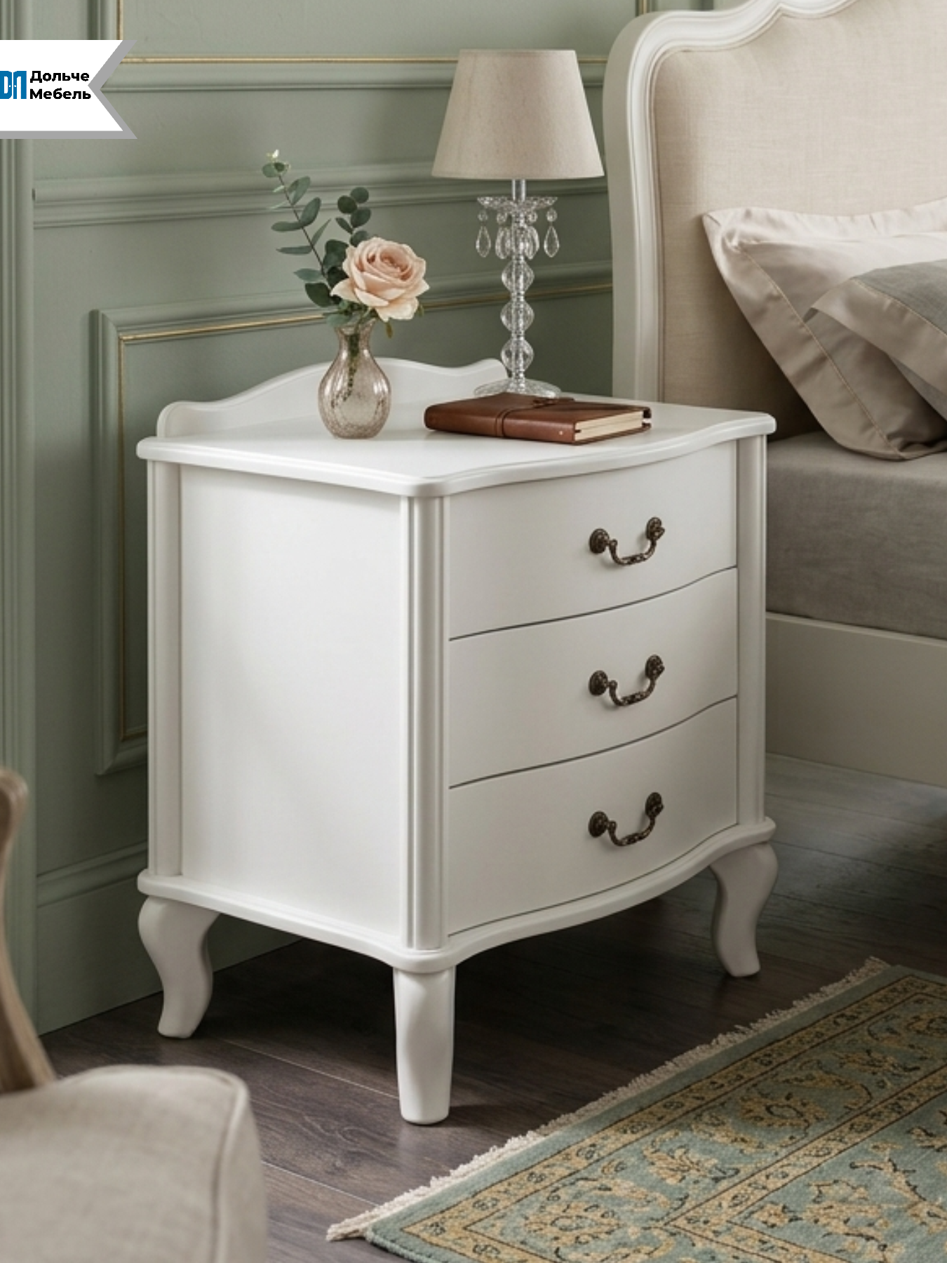 Тумба прикроватная Джульетта из МДФ с натуральным шпоном, 3 ящика, белая тумбочка в спальню, молочный дуб