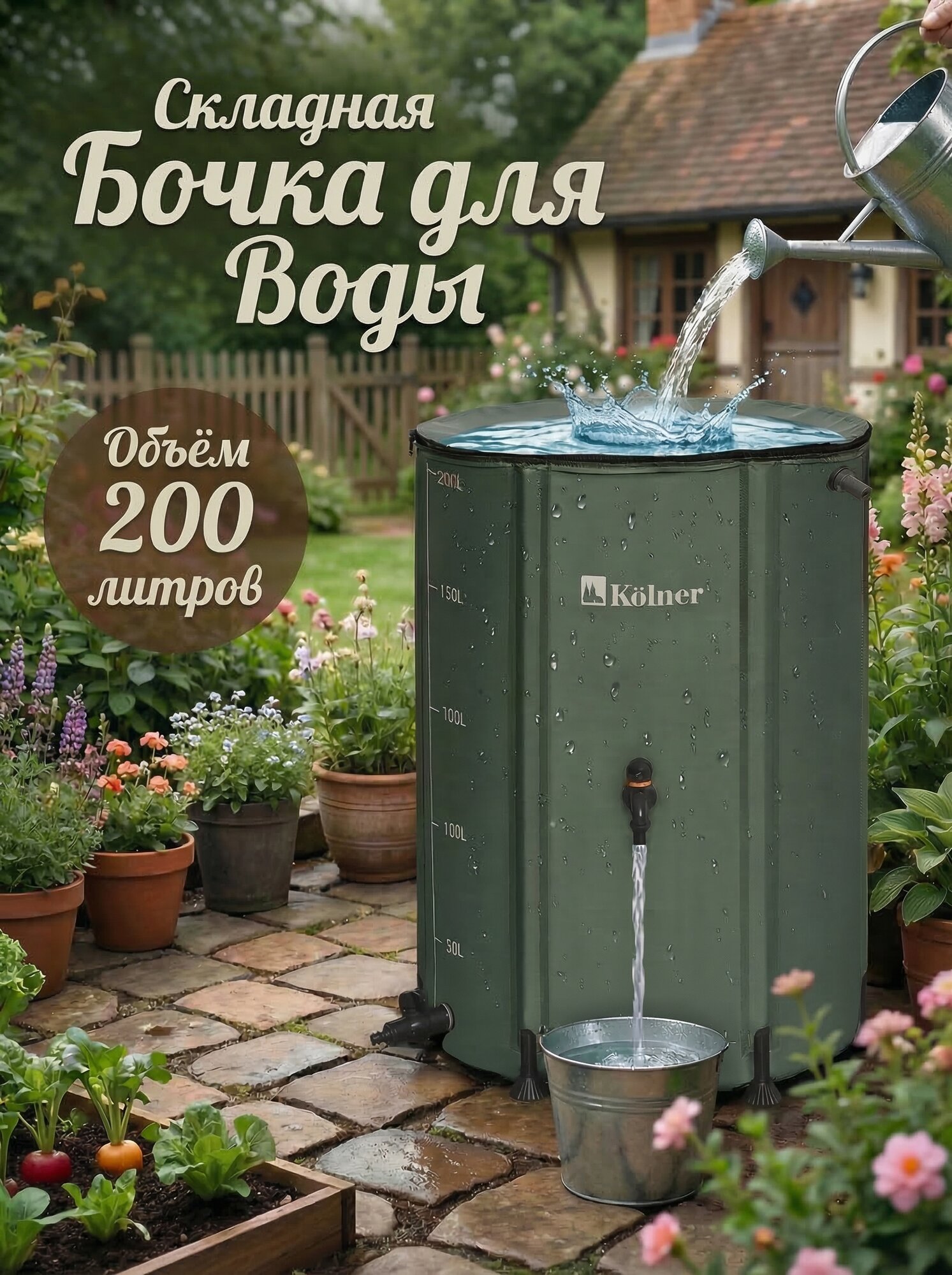 Бочка для воды складная Kolner KWB 200G 8091100300, ПВХ, 200л, зеленая