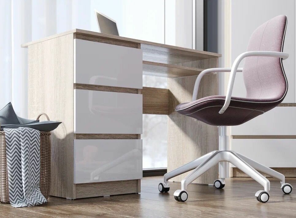 Стол компьютерный, письменный Челси с ящиками, 100.2х52.4х76.8 см, Дуб сонома/Белый глянец