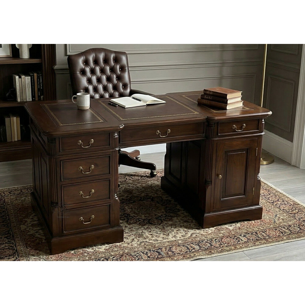 Двухтумбовый стол 180см с коричневой кожей