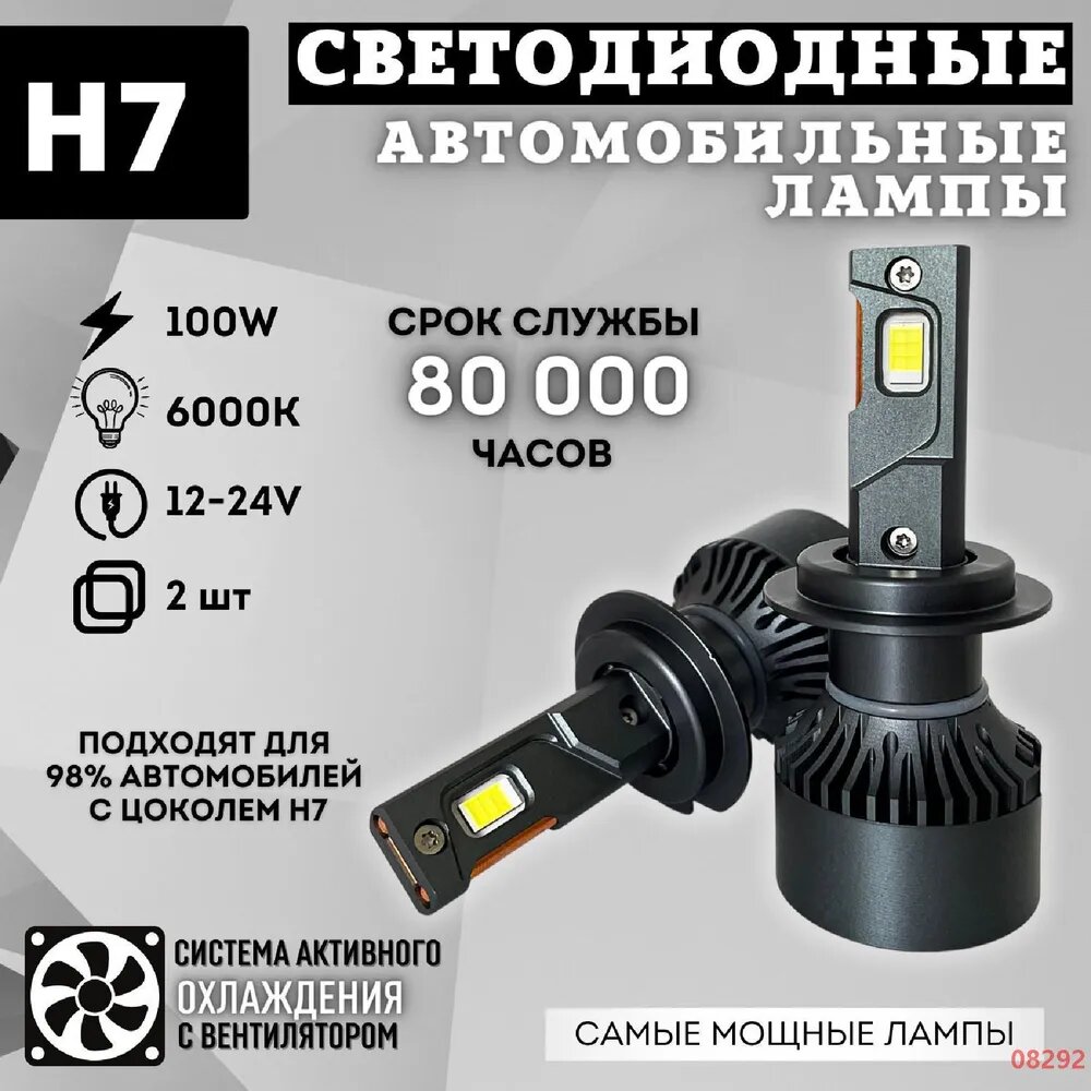 Toyuki Лампа автомобильная H7, 2 шт. арт. H7 Led лампы,2000об/мин 12В24V 100Вт,2шт