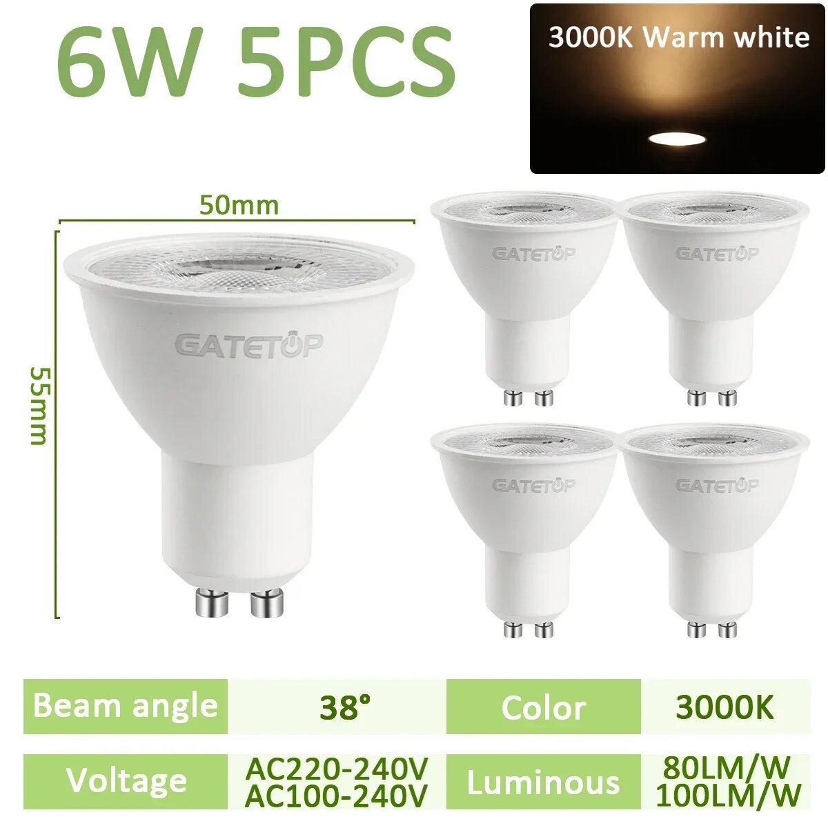 Набор из 5 светодиодных ламп GU10 6 Вт теплый белый свет 38degree 3000K, AC220-240V