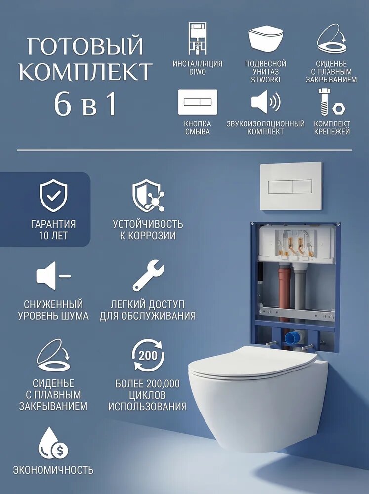 Комплект 6 в 1: Инсталляция DIWO 4501 / Унитаз подвесной Кронборг S28401WH безободковый / Сиденье с микролифтом, Кнопка 7320 белая, Комплект шумоизоляции, креплений