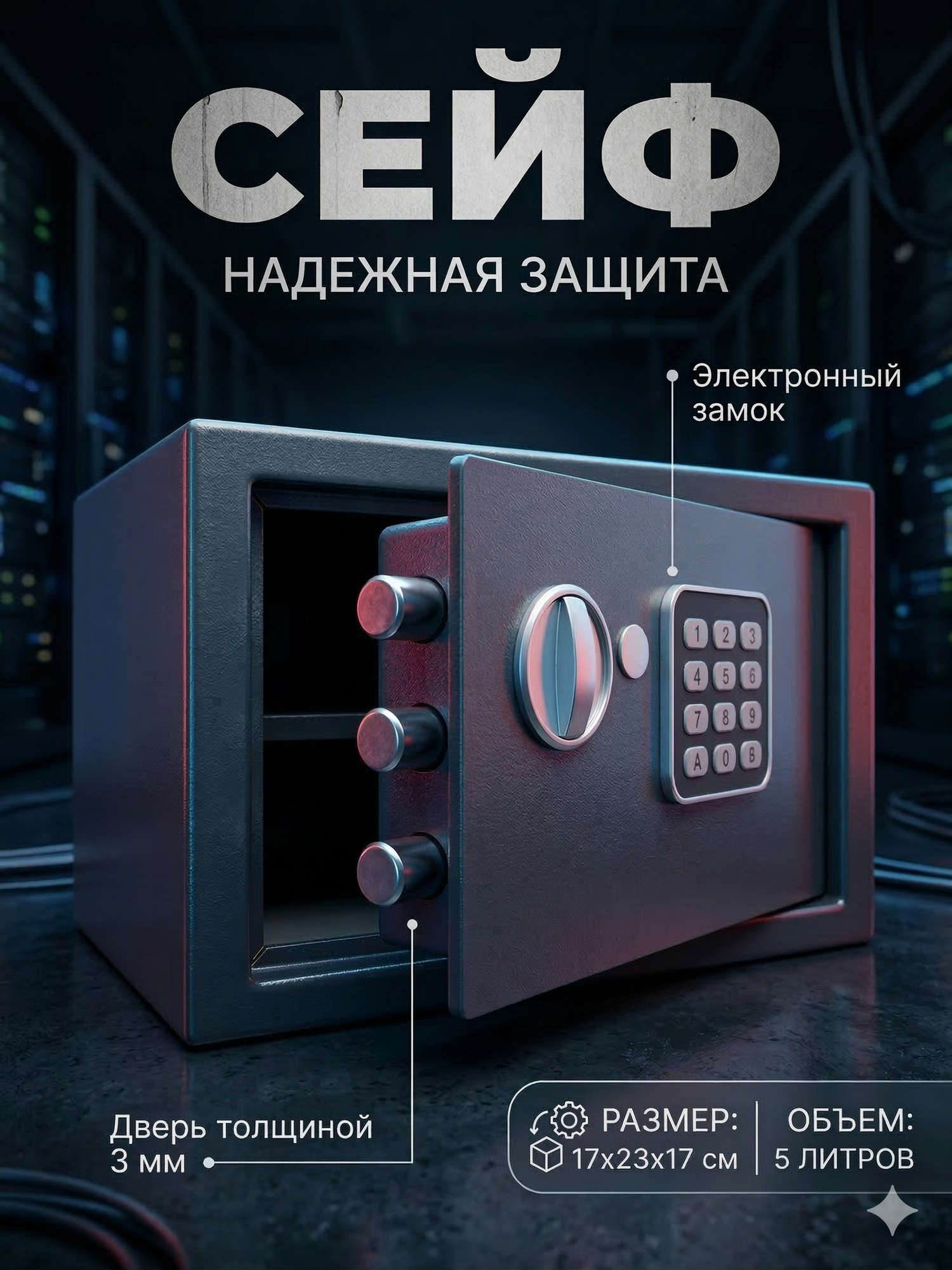 Сейф для денег и документов, для ключей с кодовым замком, 5л