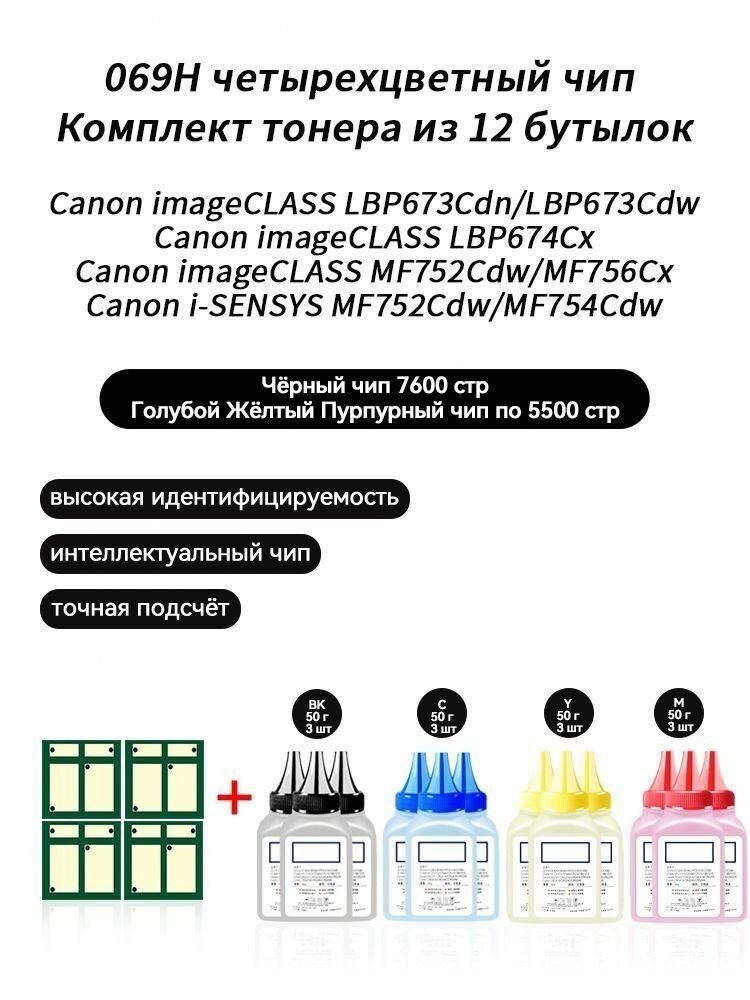069H (набор) тонер 50г 12 шт + чип для картриджей Canon i-SENSYS LBP673Cdw LBP674CX LBP672C MF751cdw MF752cdw MF753cdw MF754cdw MF755cdw