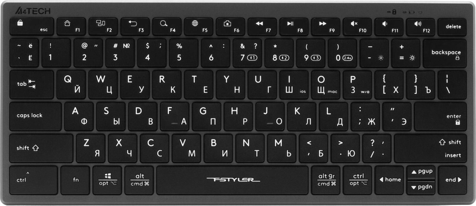Клавиатура A4Tech серый, USB, беспроводная, BT Radio, Slim, Multimedia для ноутбука (FBX51C GREY)