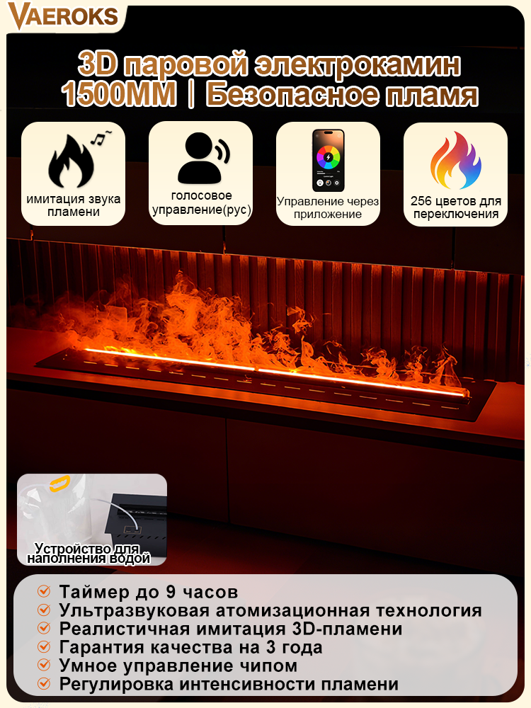 Паровой камин с эффектом огня,3d электрокамин, камин электрический с пультом, с 256-функцией смены цвета, Дистанционное управление через приложение на телефоне имитация звука пламени, гол. упр.(рус),150cm