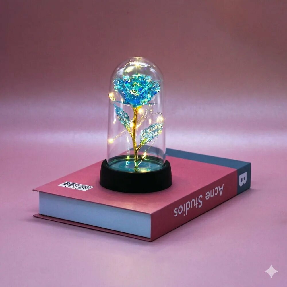 Букет искусственных роз "Вечные розы", защитный контейнер, с LED-подсветкой, золотой, светло-голубой