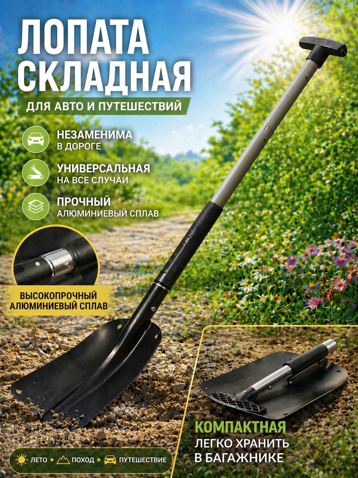 Лопата складная автомобильная многофункциональная телескопическая 1025 мм алюминиевая