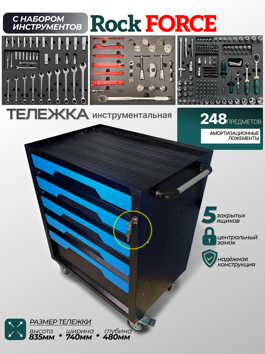Тележка с замком и комплектом профессионального инструмента Rock Force 248 предметов в ложементах