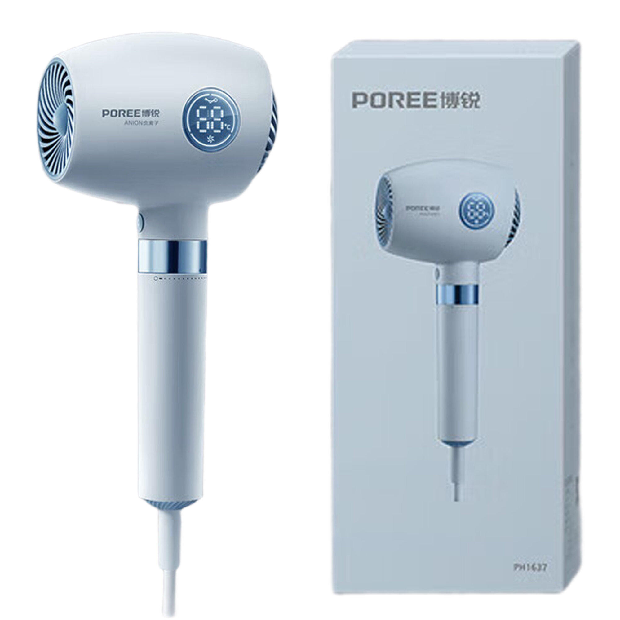 Фен унисекс POREE 1600Вт с отрицательными ионами, термостатический
