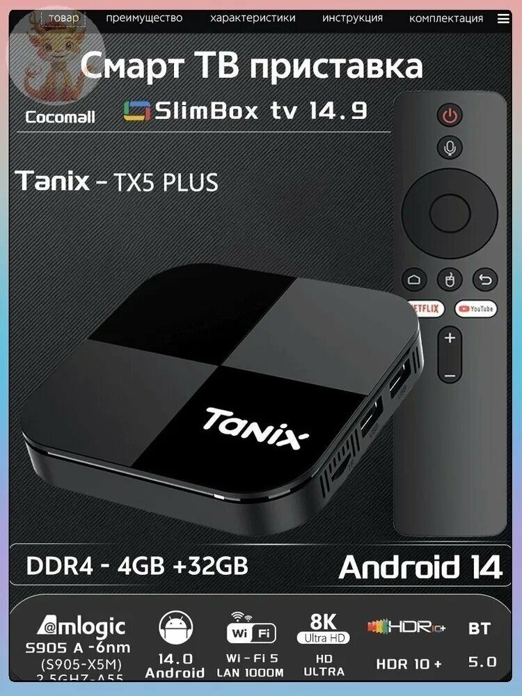 Медиаплеер Tanix TX5 Plus 4GB/32GB Slimbox tv 14.9 смарт ТВ приставка, Android 14.0/Караоке-система