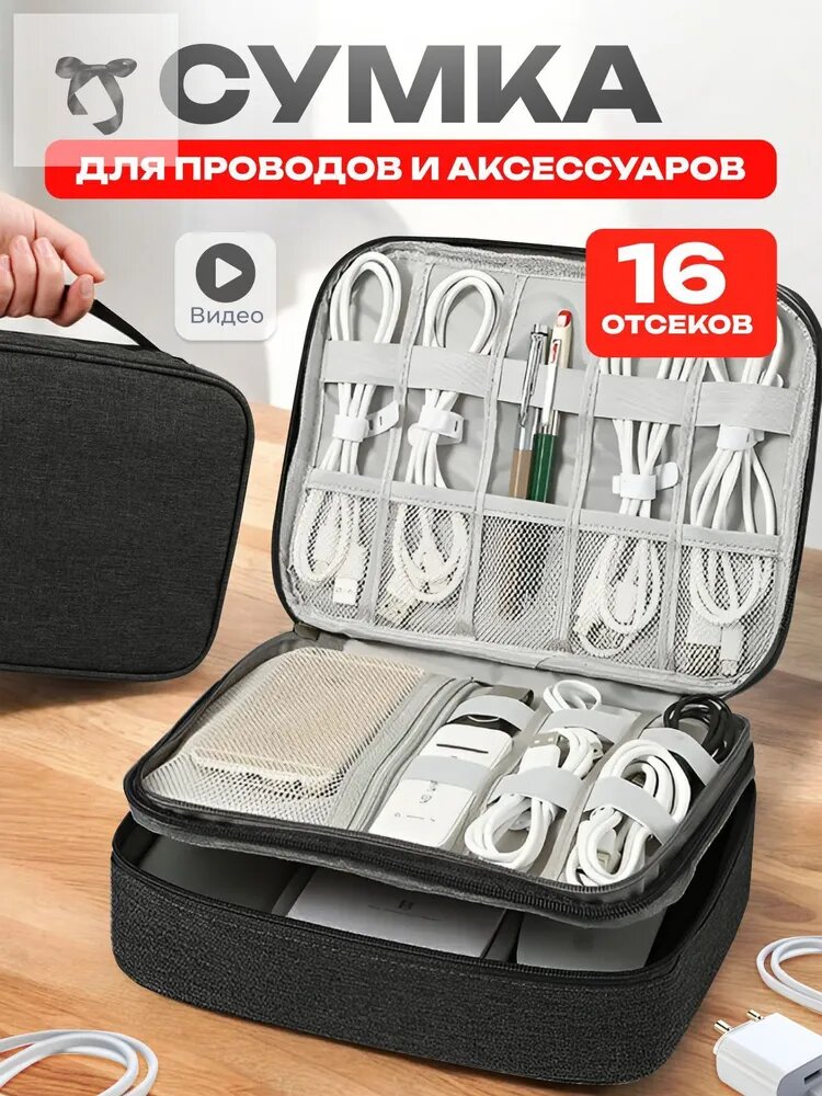 Сумка трансформер-рюкзак, органайзер для проводов дорожный, чехол для проводов, 16 отсеков, полиэстер