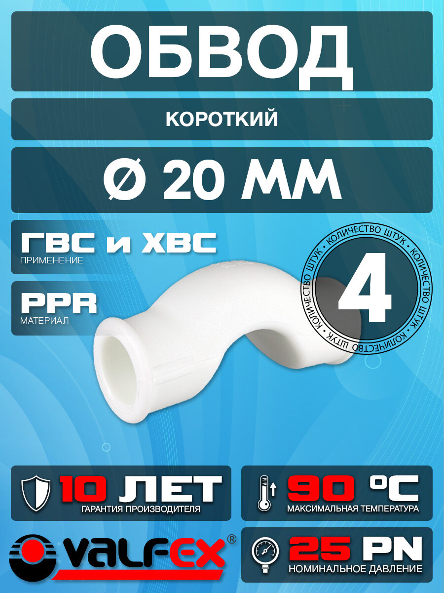 Обвод полипропиленовый короткий, для труб диаметром 20 мм. (4 шт)
