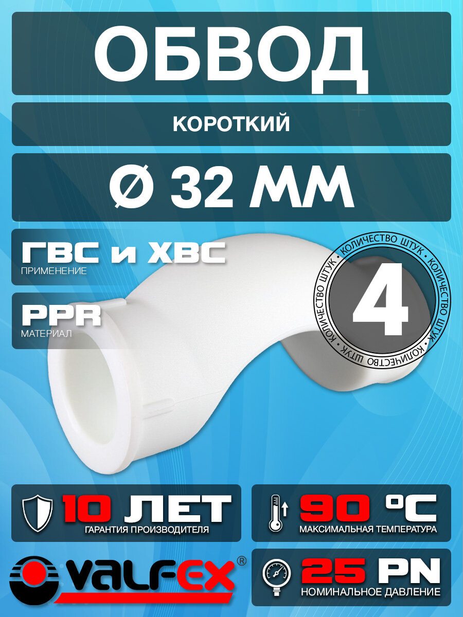 Обвод полипропиленовый короткий, для труб диаметром 32 мм. (4 шт)