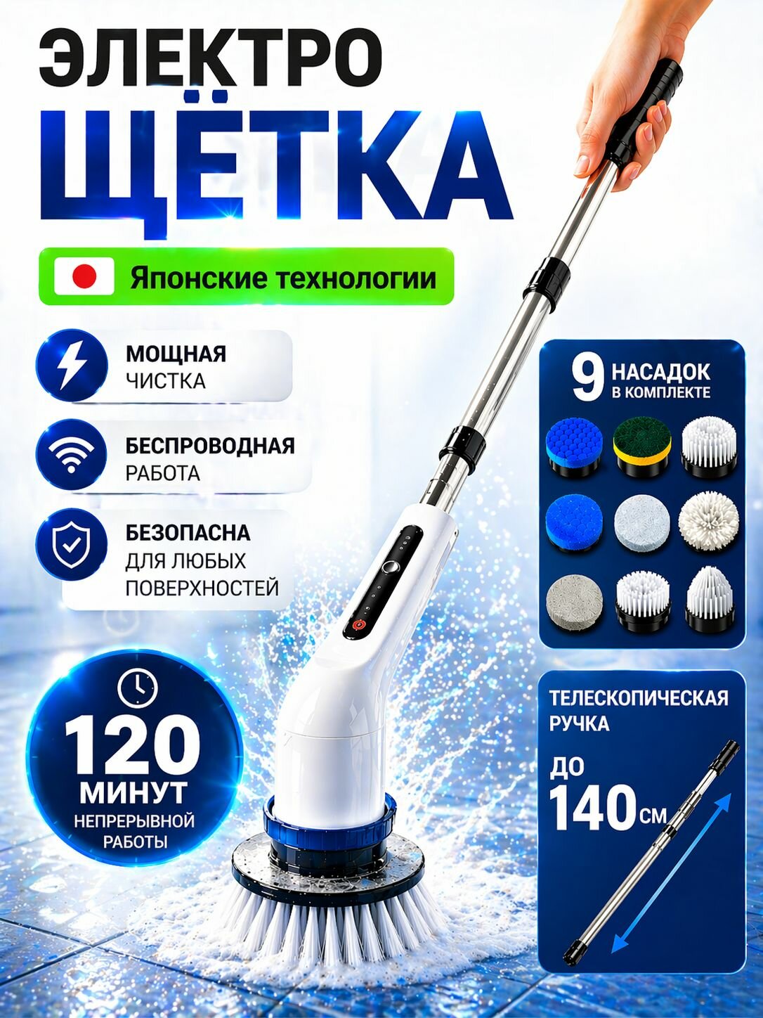 Электрощетка для уборки, 9 в 1 со съемной телескопической ручкой, электрическая щетка с насадками для дома беспроводная, универсальная, 2500 mAh