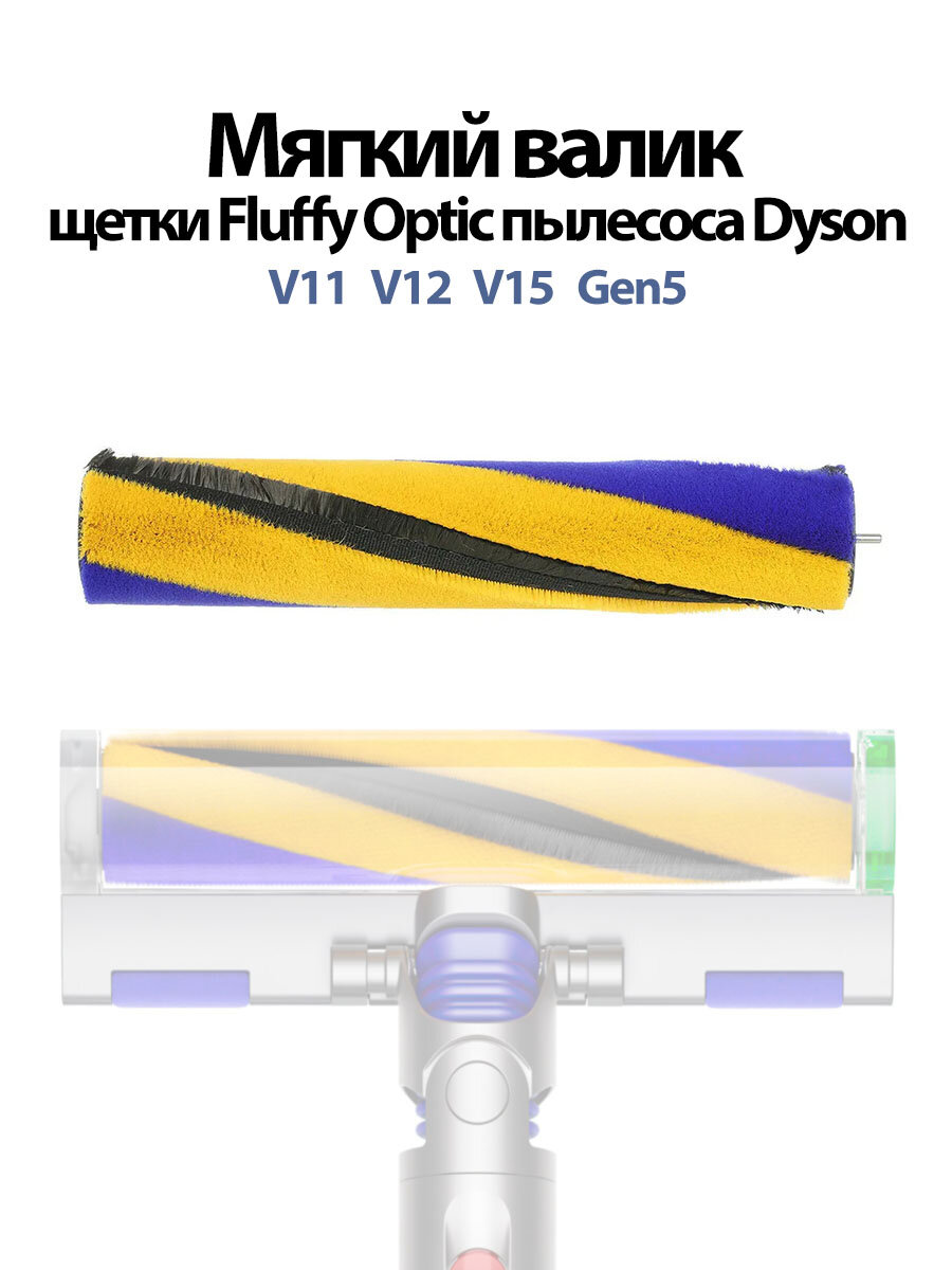 Валик щетки Fluffy Optic пылесосов Dyson V12 Detect Slim, V11 V15 Gen5 / SV20 SV30 SV22 SV46 SV17 SV28 SV22. Сменный мягкий валик турбощетки. Сине-желтый.