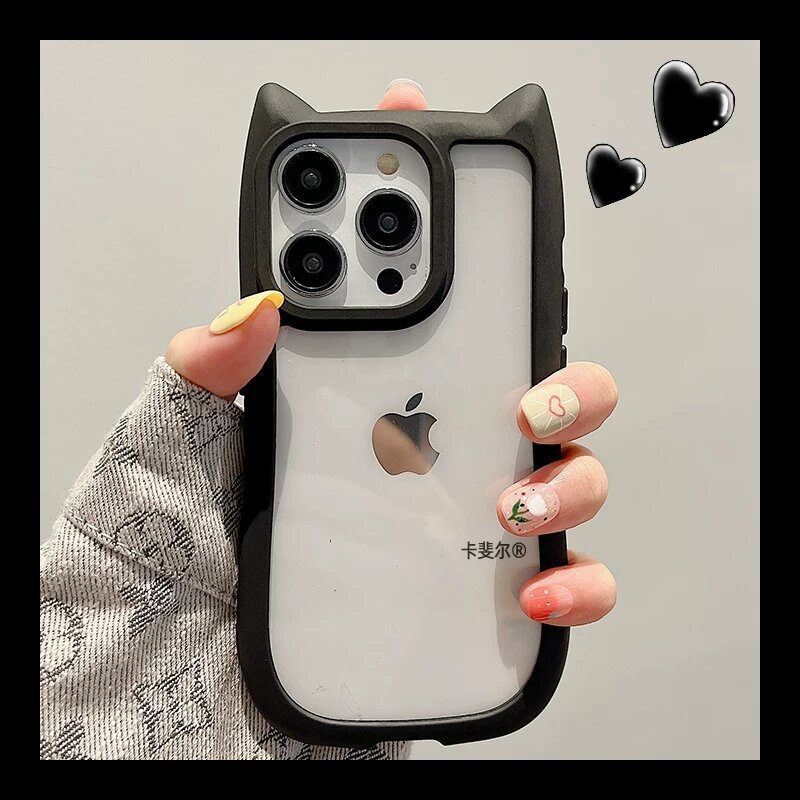 Силиконовый прозрачный чехол для iPhone 16 с черной кромкой и 3D-изображением кошачьих ушей - одинарная оболочка