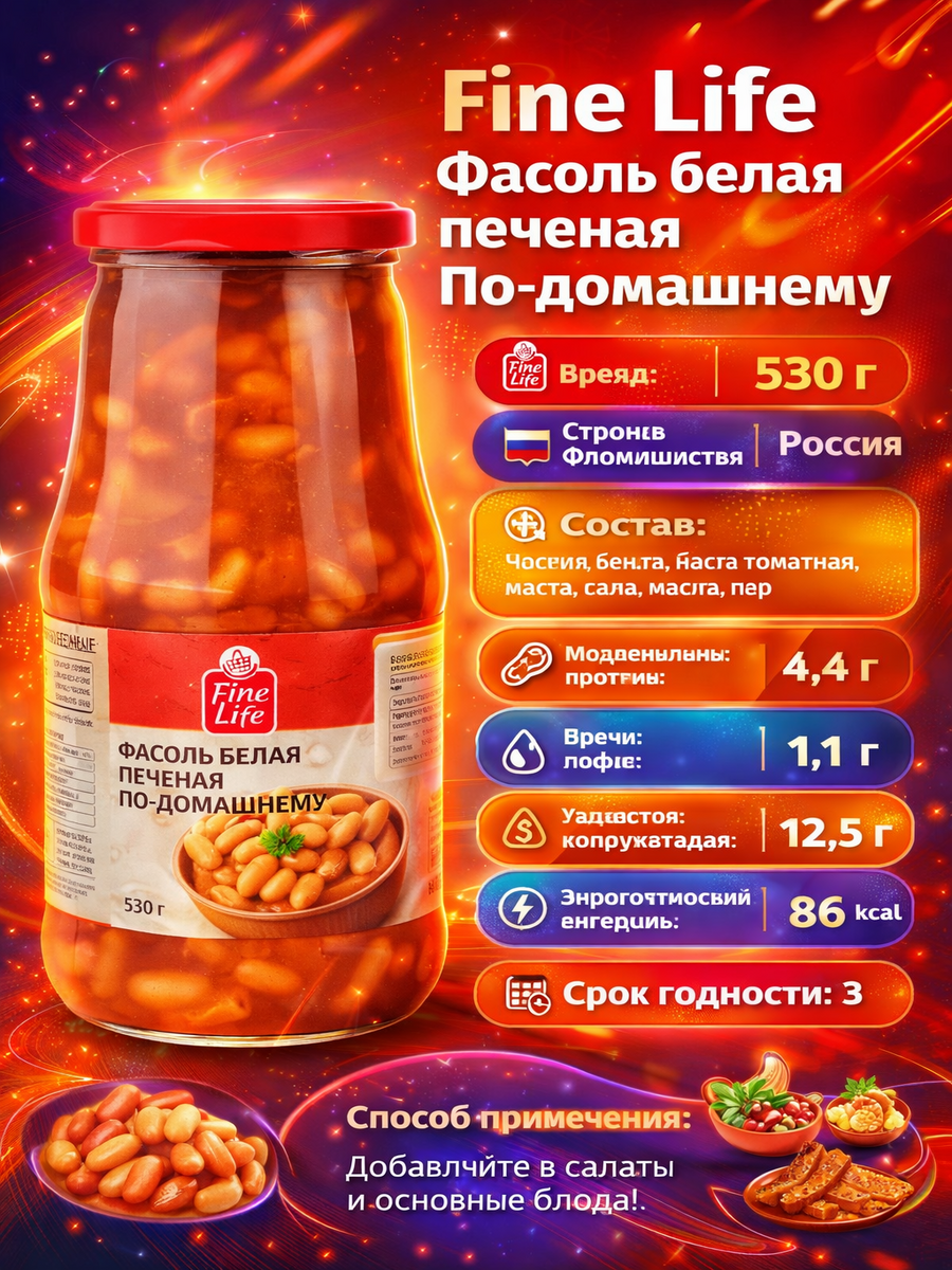Fine Life Фасоль белая печеная По-домашнему, 530г