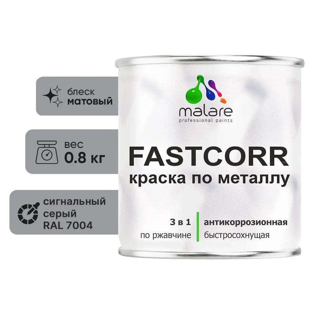 Краска по металлу MALARE FastCorr, краска по ржавчине, антикоррозийная, быстросохнущая, RAL 7004, сигнальный серый, матовая, 0,8 кг КФСТ7004М0080