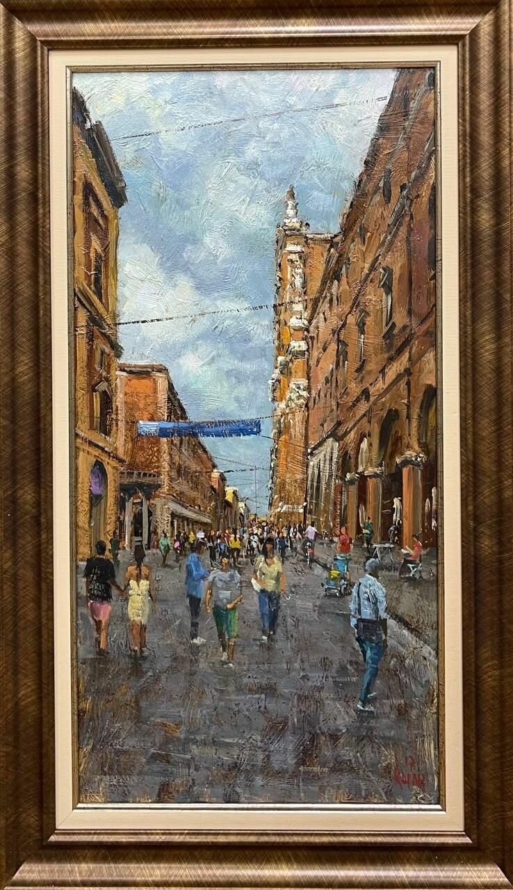 Картина маслом, городской пейзаж "На пешеходной улице". Холст/Масло. Размер 60х30. Автор Борис Коган.
