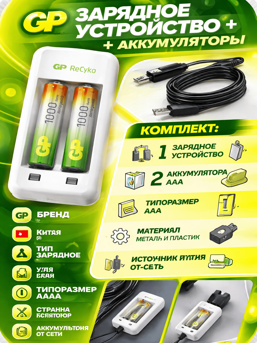 Зарядное устройство + аккумуляторная батарейка GP ААА (HR03) 1000 мАч, 2шт + провод micro USB