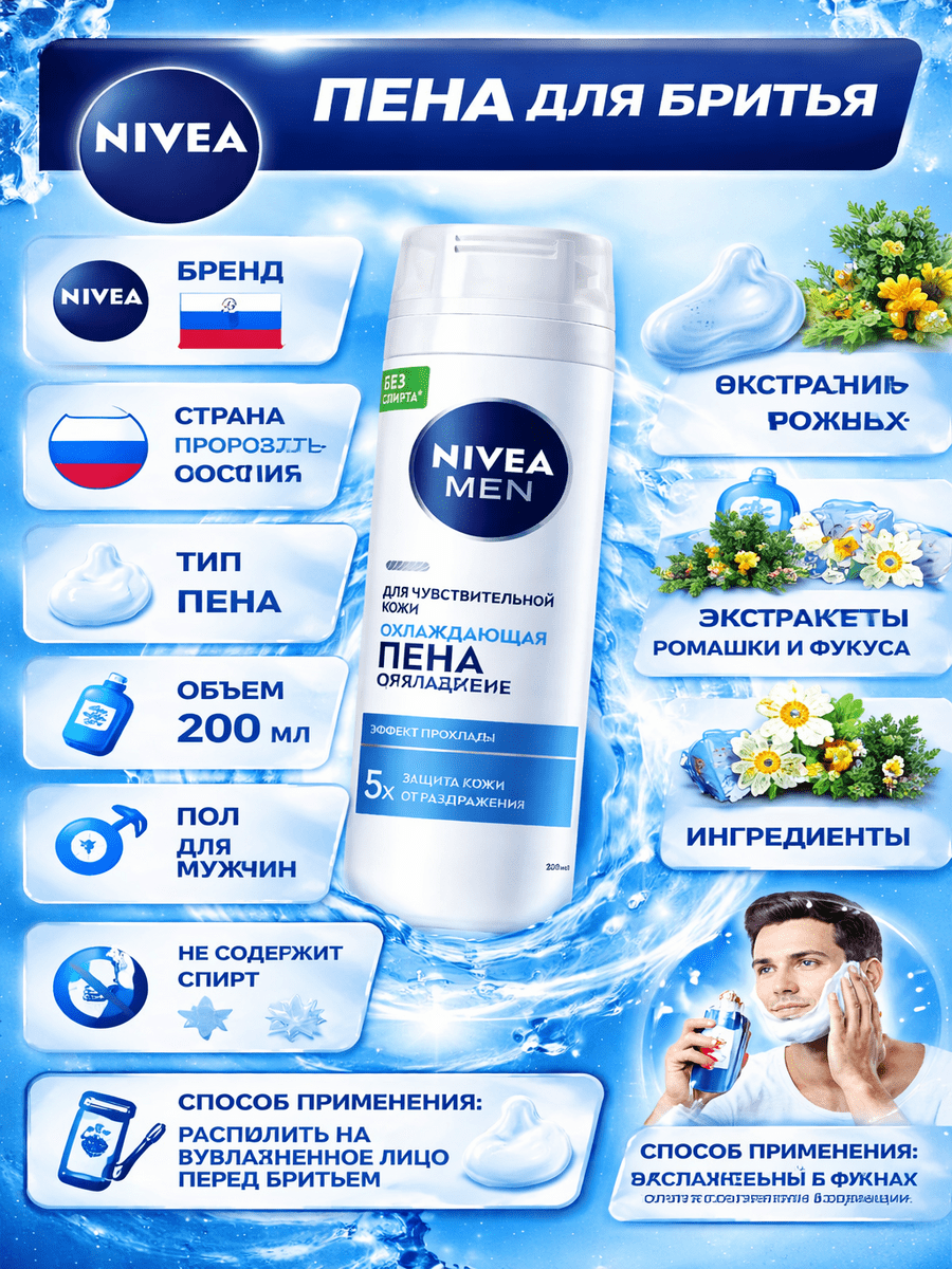 Пена для бритья Nivea для чувствительной кожи охлаждающая, 200мл