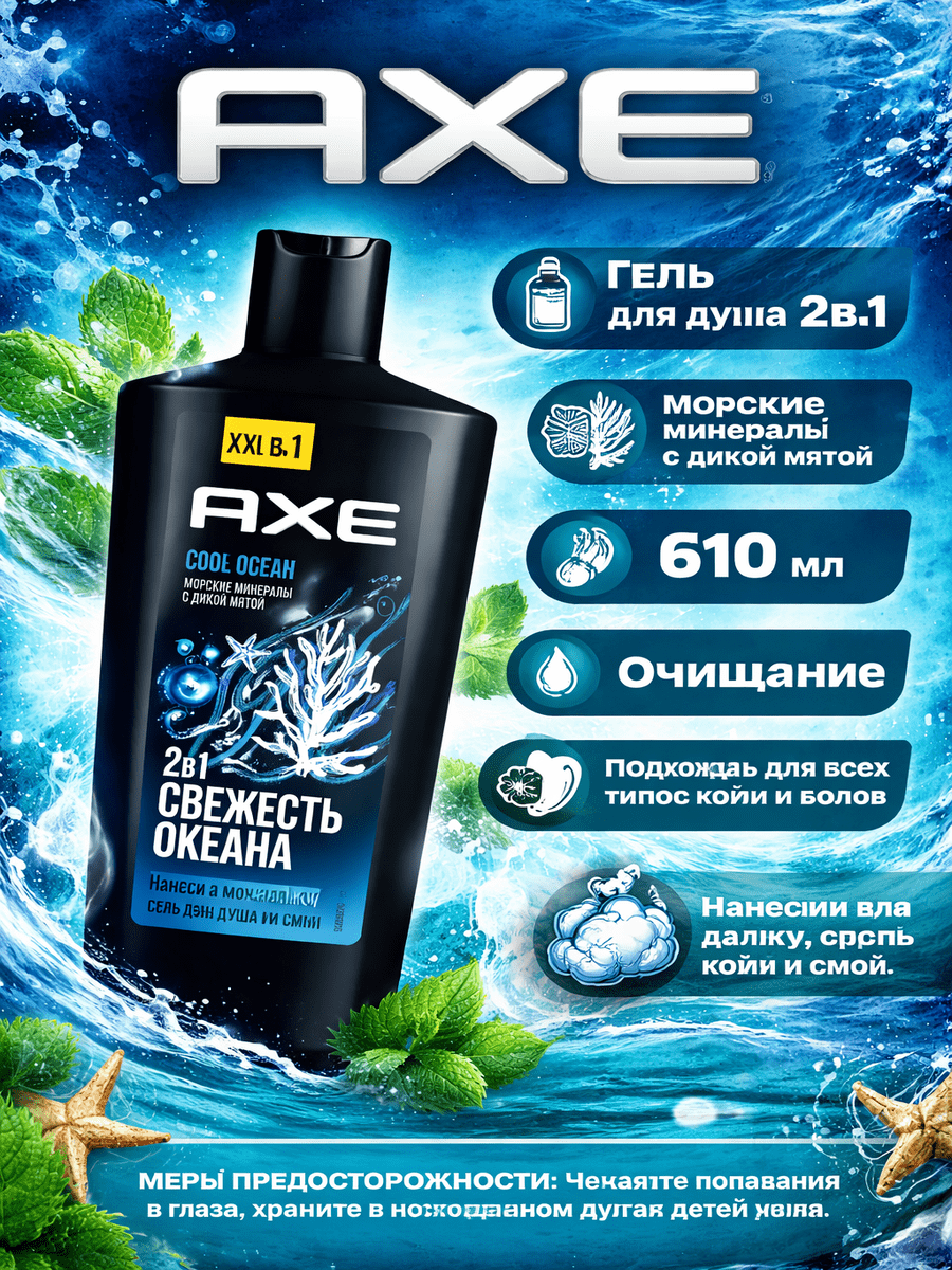 Гель для душа и шампунь Акс Cool Ocean 2в1, 610мл