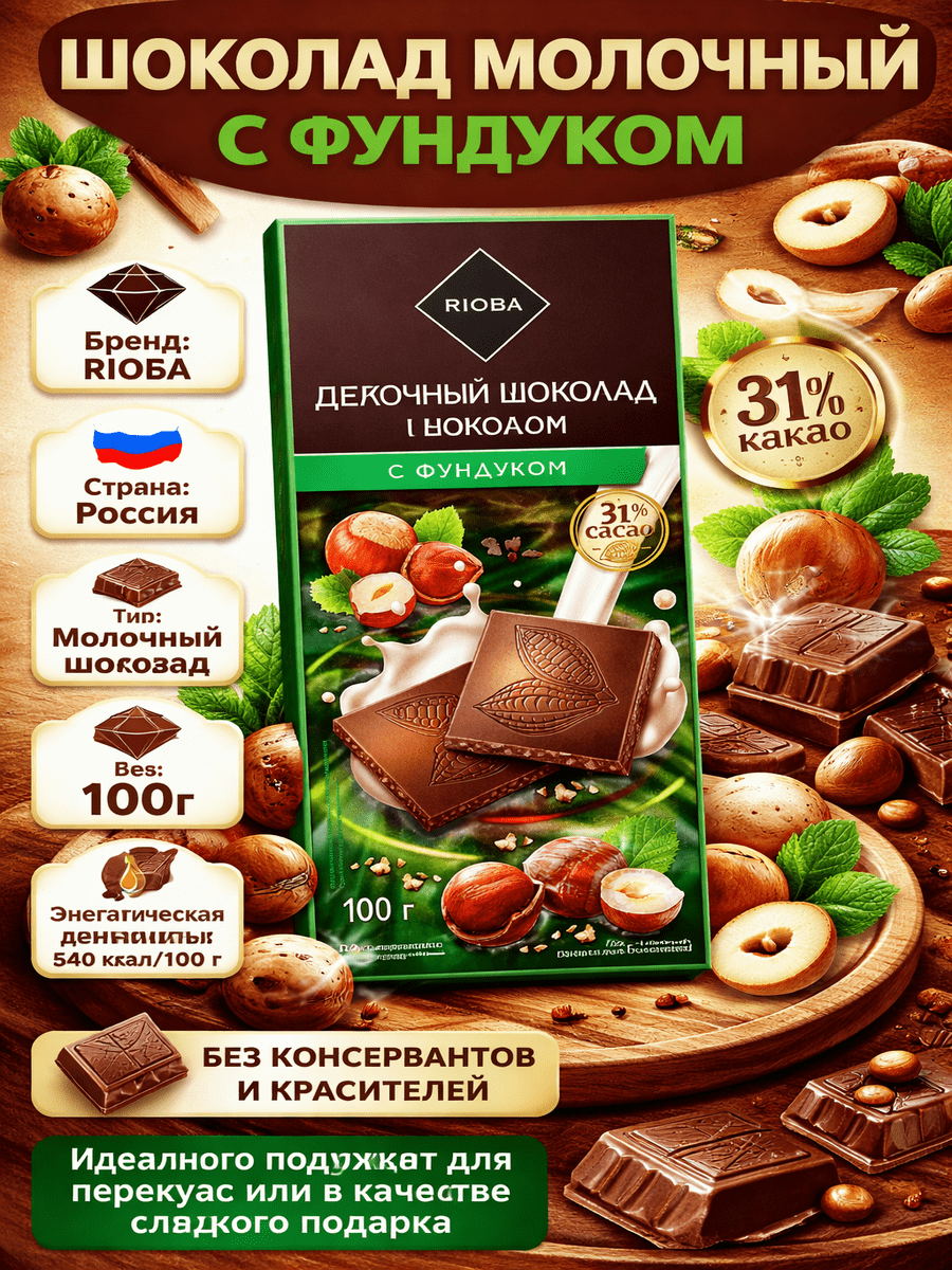RIOBA Шоколад молочный с фундуком 31%, 100г