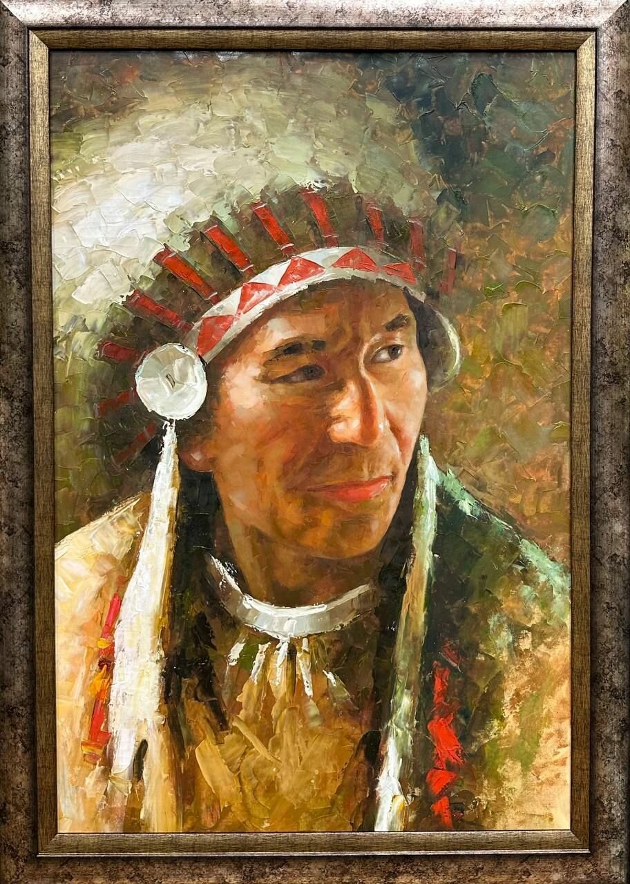 Картина маслом, люди "Вождь-индеец". Холст/Масло. Размер 90х60. Автор Громов.