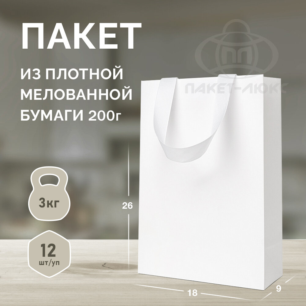 Подарочные пакеты Пакет-Люкс, мелованная бумага, без рисунка, белые ВИП, 18х26х9 см, 12 штук