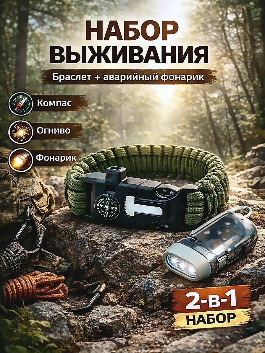 Тактический браслет с мини-фонарем 5 в 1 - идеальный аксессуар для походов и выживания