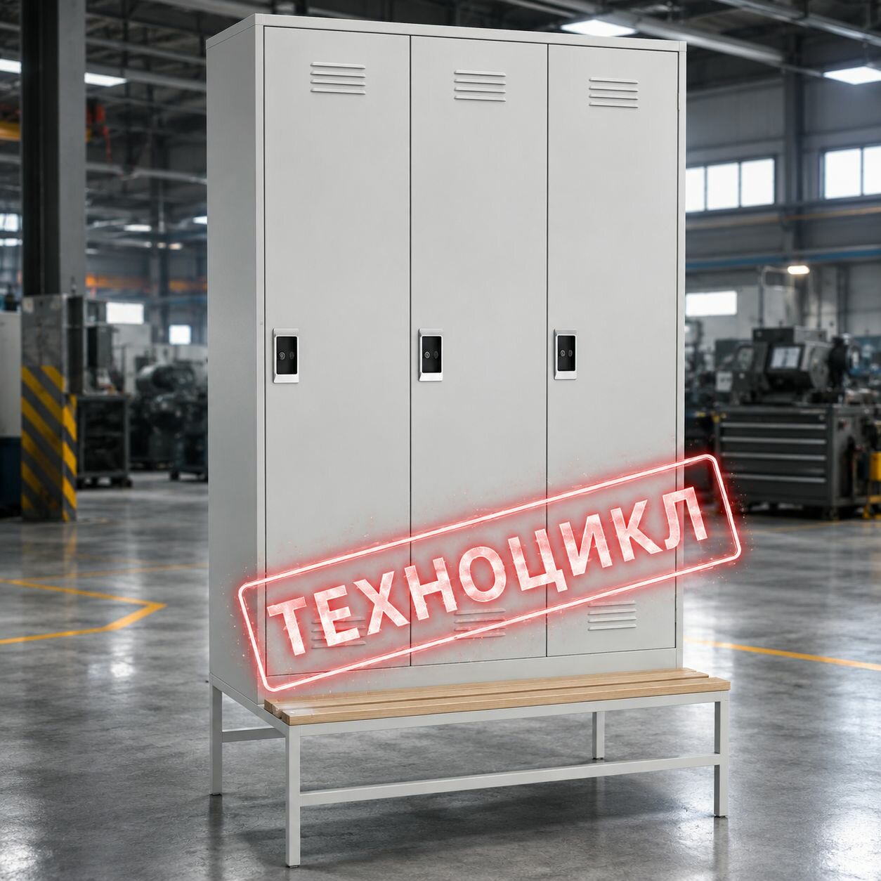 Шкаф металлический для хранения сменной одежды на подставке со скамьей и электронным замком 2000х1200х500 мм, светло-серый RAL 7035, техноцикл