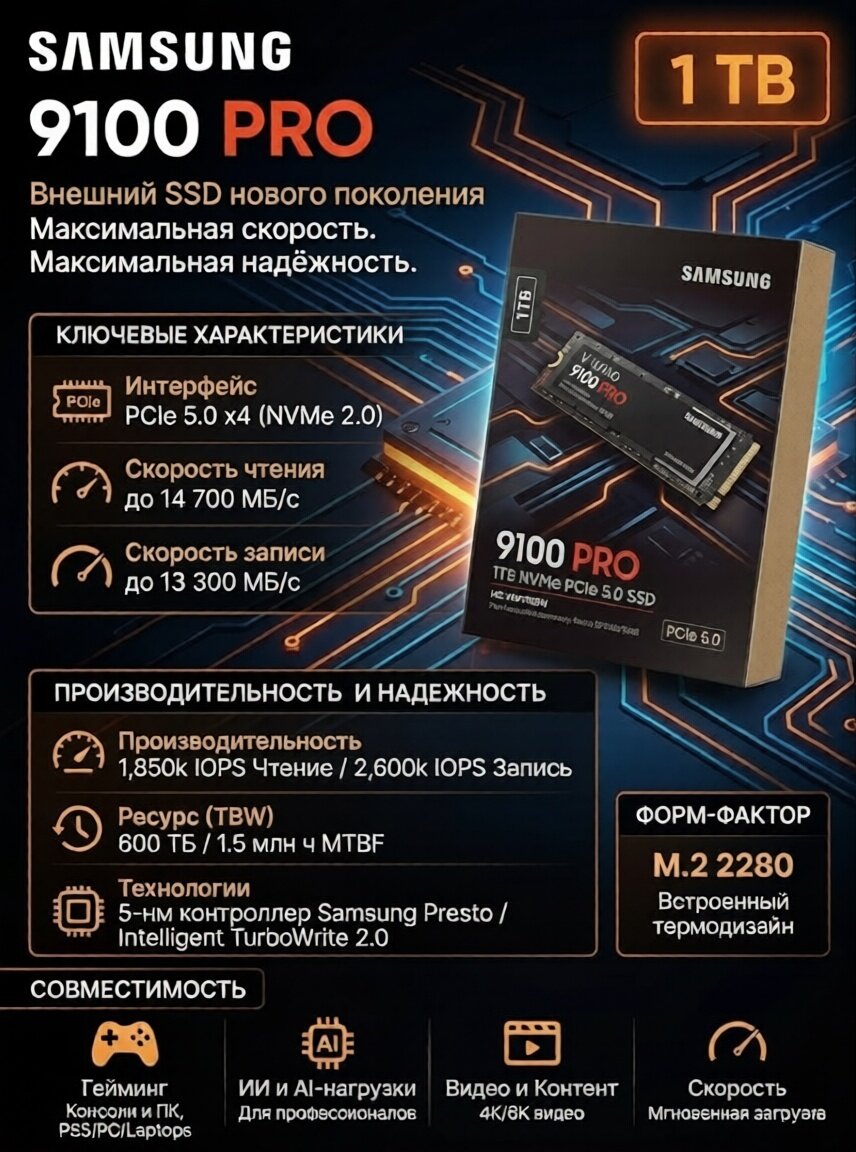 SSD диск Samsung 9100 PRO 1Tb MZ-VAP1T0BW, форм-фактор M.2 2280