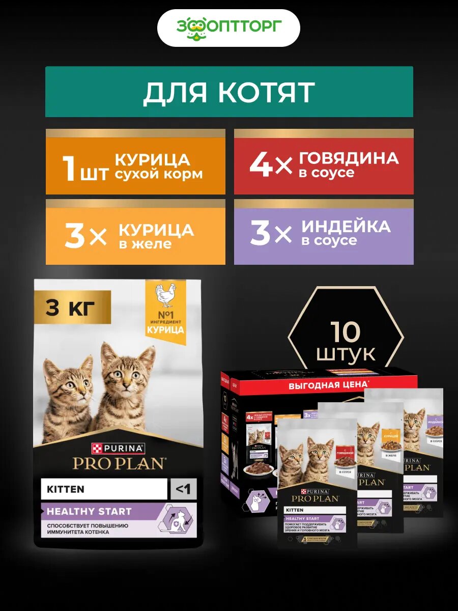 Комбо-набор PRO PLAN сухой корм "Курица" + влажный корм "Ассорти" для котят, 3 кг + 85 г х 10 шт.