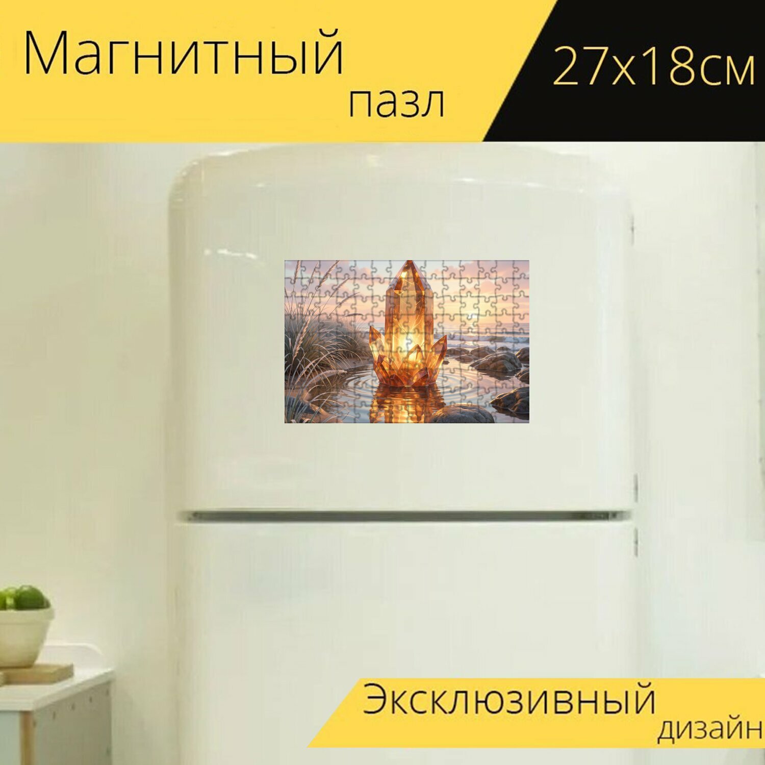 Магнитный пазл "Сияющий кристалл у моря. Фантазийная композиция с янтарным минералом в прибрежной воде, закатное небо, мягкие пастельные тона, камни и." на холодильник 27 x 18 см.