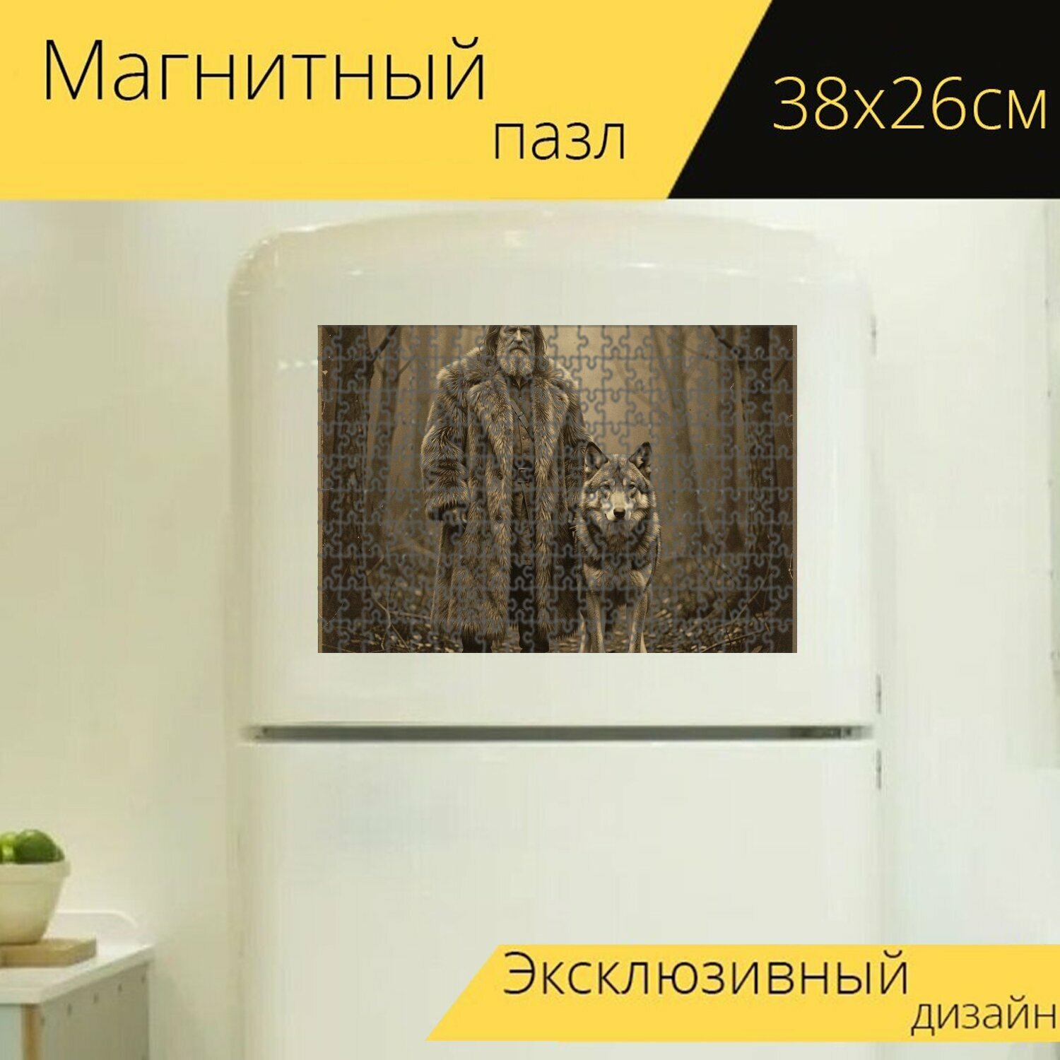 Магнитный пазл "Старик с волком в лесу. Пожилой мужчина в длинной меховой шубе стоит среди туманных деревьев рядом с серым хищником. Сепия, винтажная." для интерьера, 38х26 см.