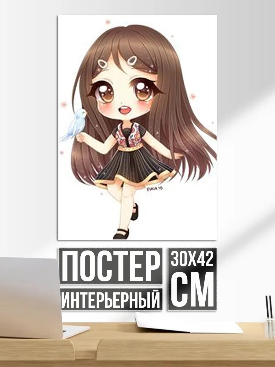 Плакат постер Чиби девочка с птичкой