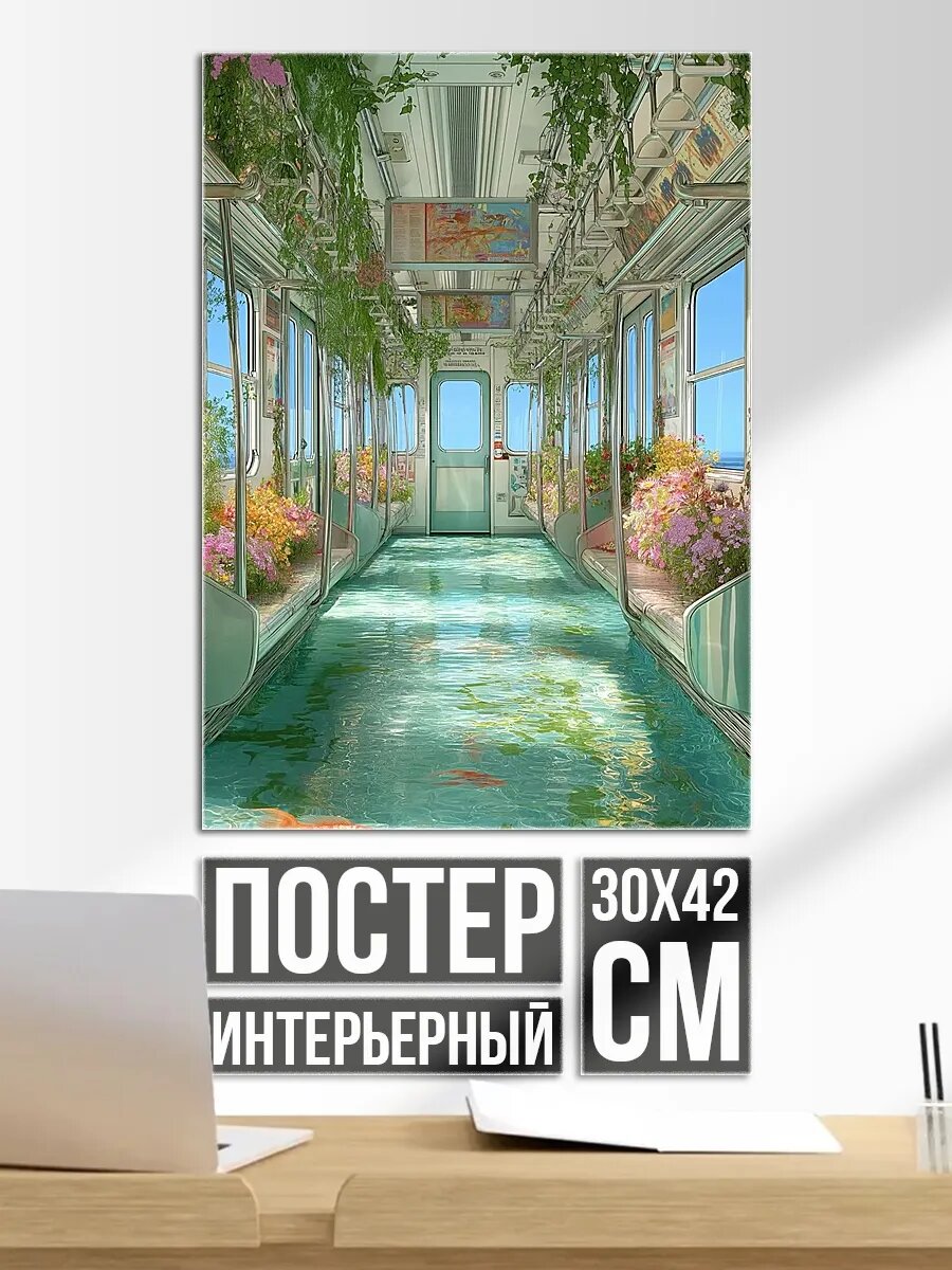 Плакат постер Вагон поезда с цветами