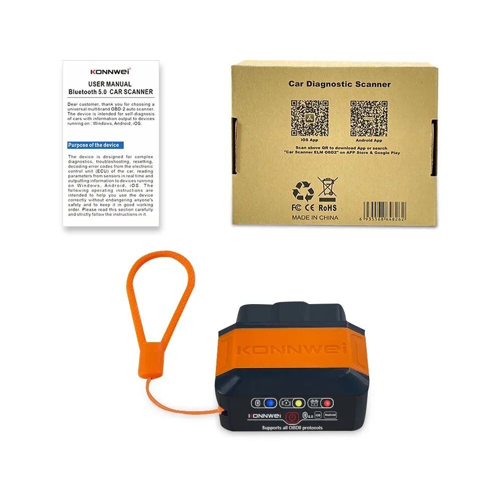 KONNWEI KW906 Bluetooth OBD2 сканер, оранжевый