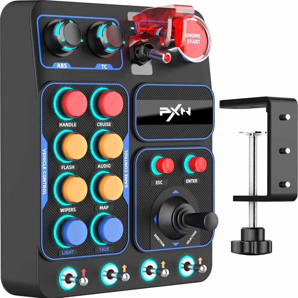 Игровой блок PXN CB1 Game Button Box имитирует управление автомобилем, имеет 19 кнопок (9 типов), 30 программируемых опций, RGB-подсветку и совместим с ПК под управлением Windows.