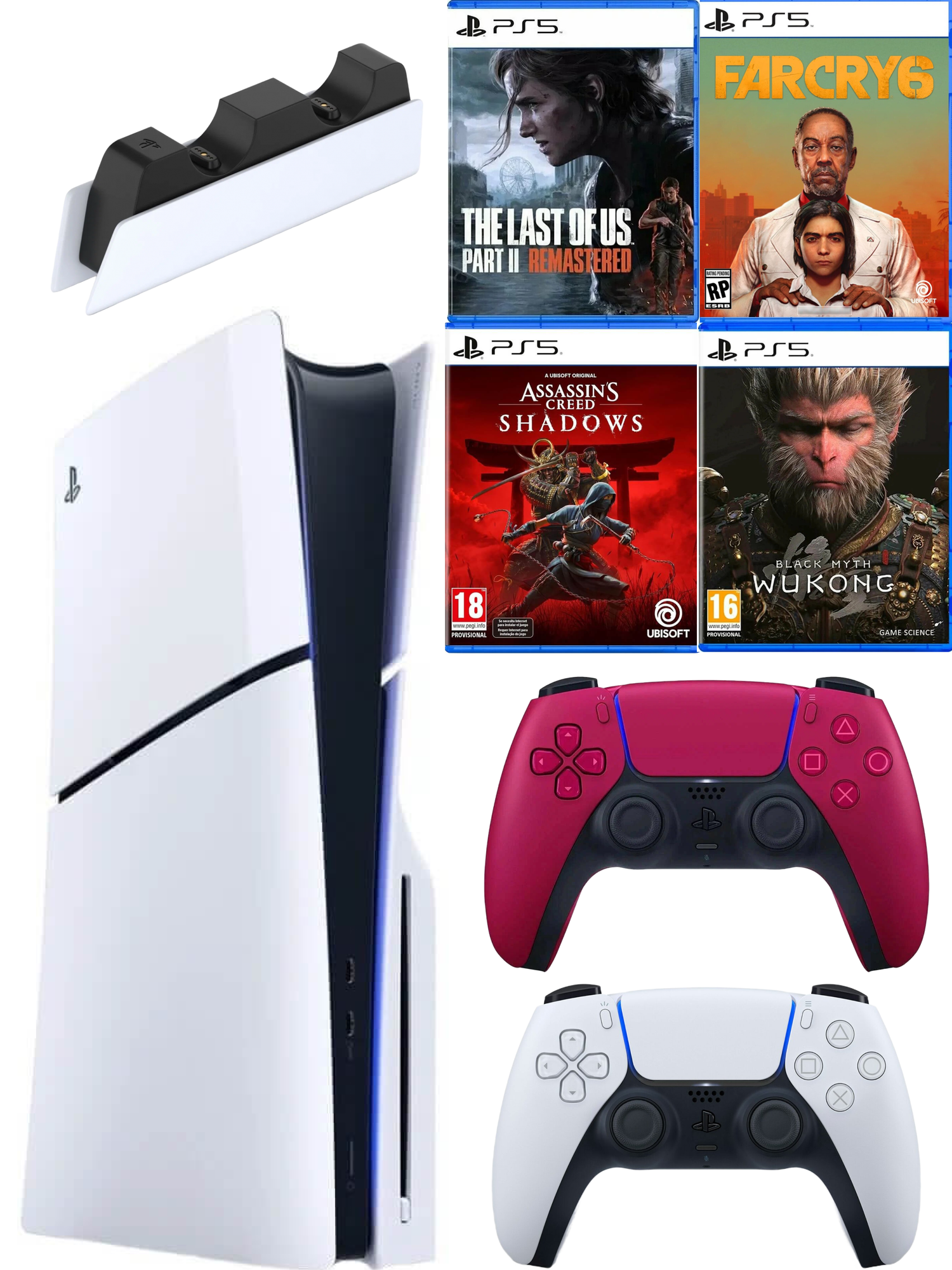 Игровая приставка Sony PS 5 Slim, 1ТБ(с дисководом)+2 геймпад(cosmic red)+Зарядная станция+Комплект из 4 игр