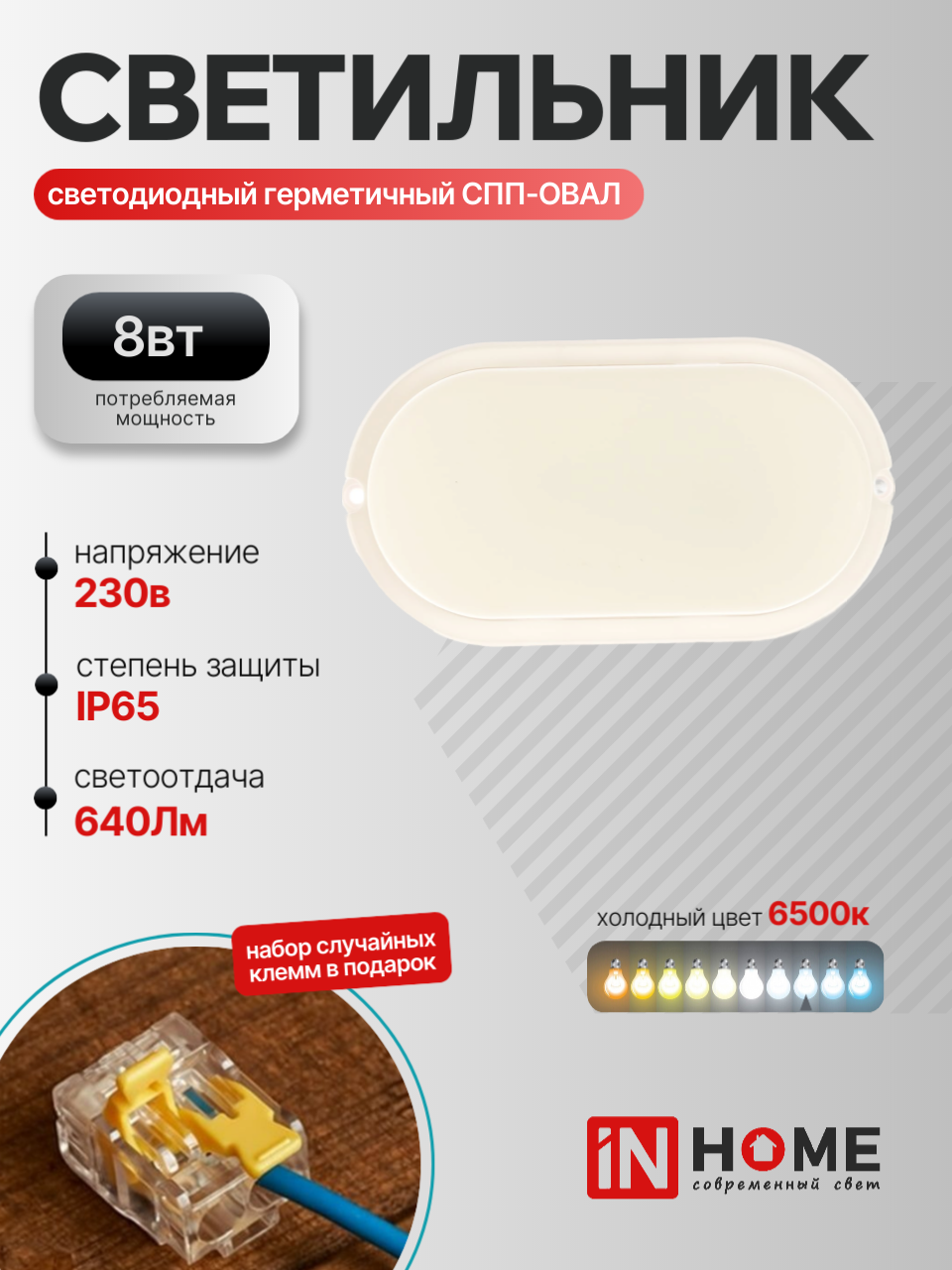 Светильник светодиодный герметичный спп-овал 8Вт 230В 6500К 640Лм IP65 IN HOME