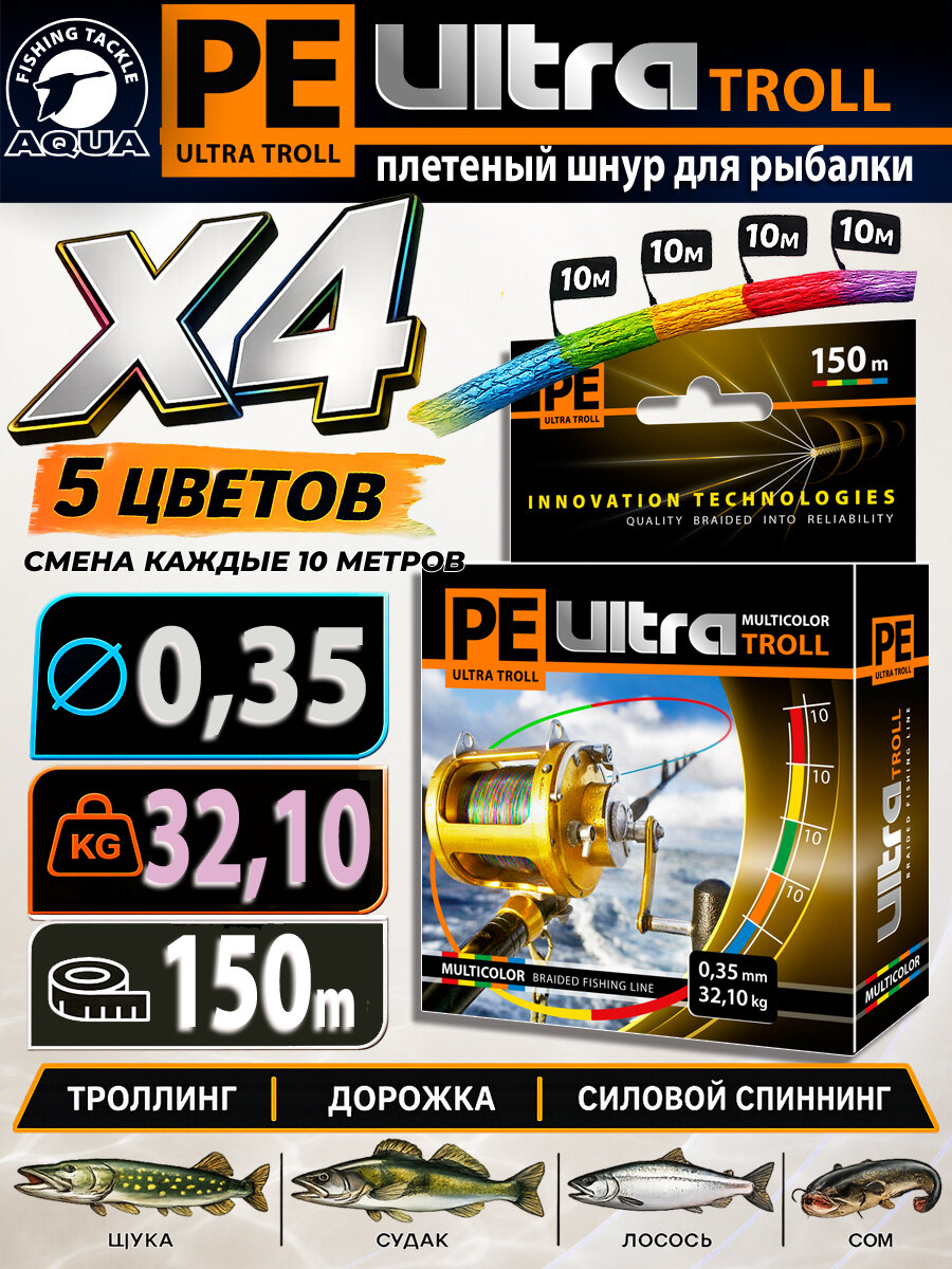 Плетеный шнур для рыбалки AQUA PE Ultra Troll мультиколор 150m 0.35mm 32.1kg