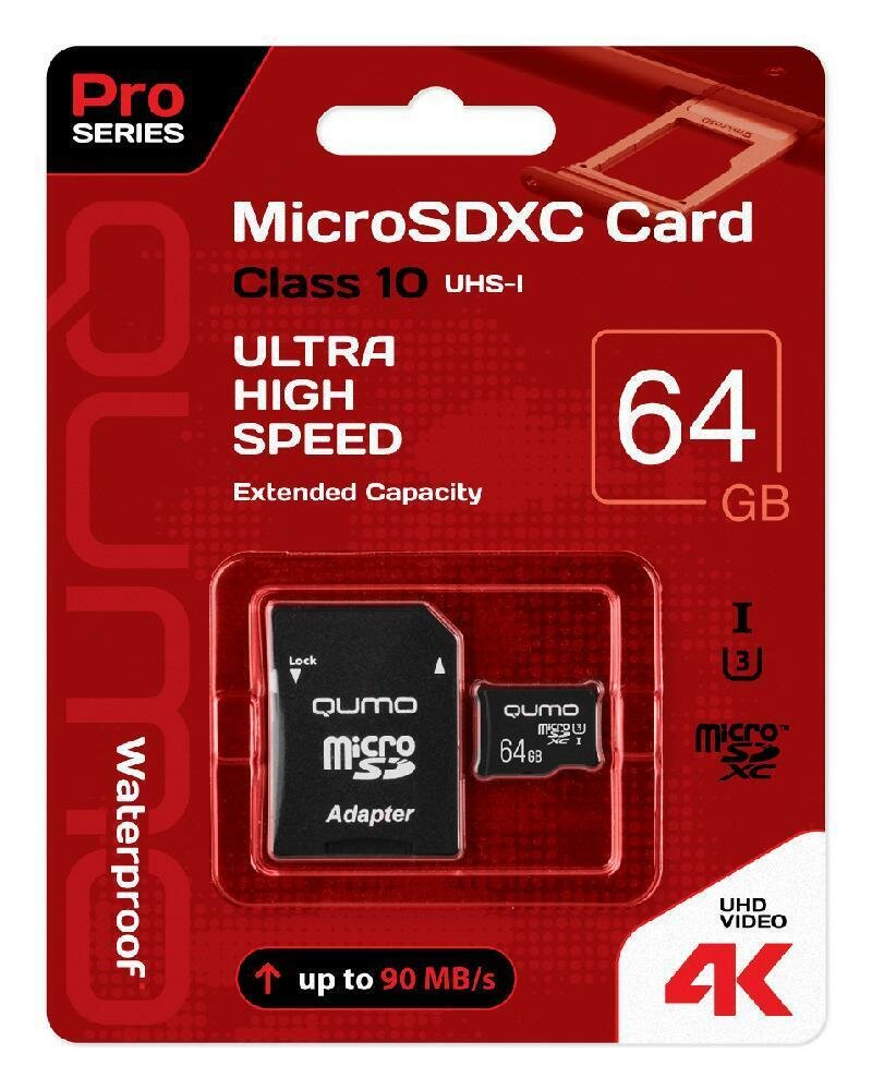 Карта памяти MicroSDXC QUMO 64GB 90/45 МБ/с UHS-I U3, 3.0 с адаптером SD (QM64GMICSDXC10U3)