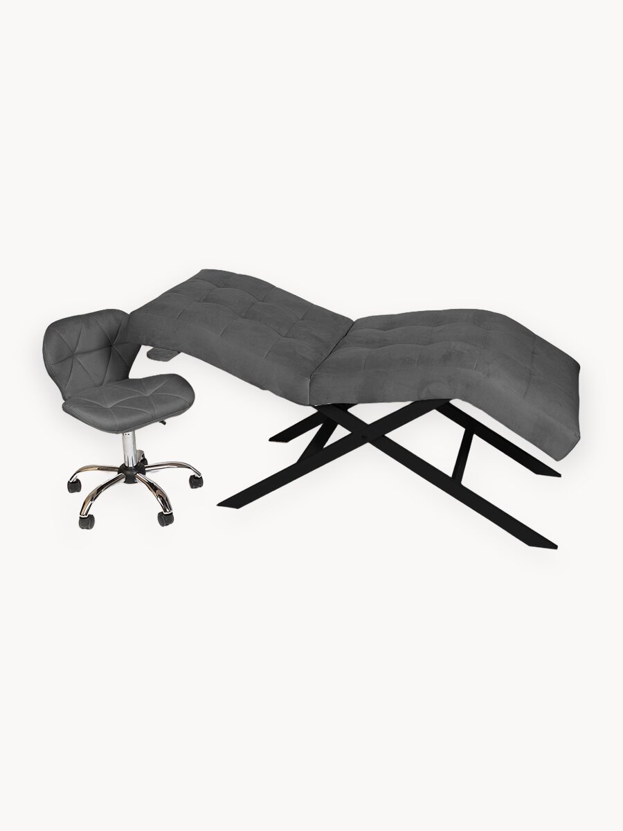 Комплект кушетка для наращивания ресниц, косметологическая Квадрат лофт, ноги черный металл и стул Ракушка, темно- серый